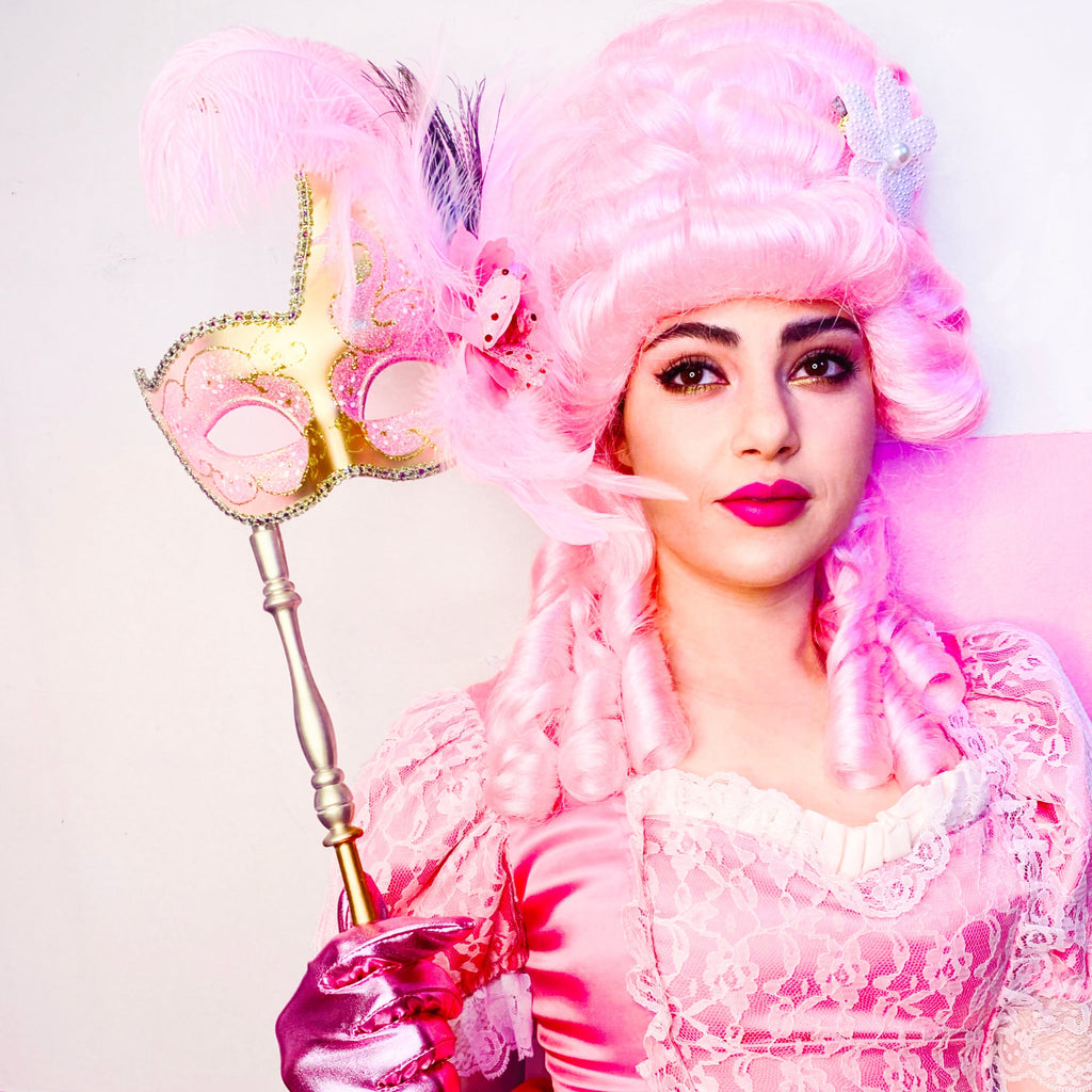 Pink + Gold Masquerade Mask on Stick – Coco Coquette